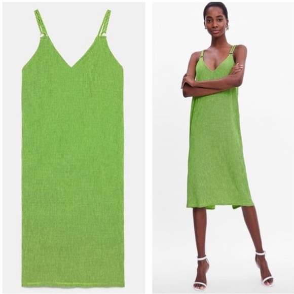Zara | Dresses | Zara Neon Green Gingham Midi Dress | Poshmark